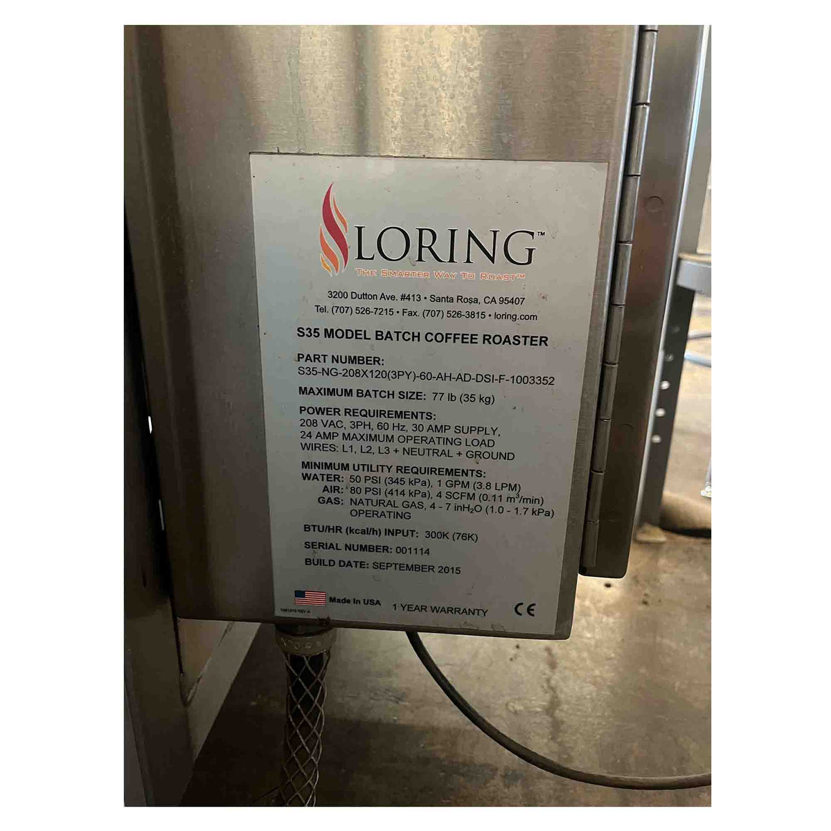 35kg Used Coffee Roaster — Loring S35 Kestrel with Bean Cart & Loader